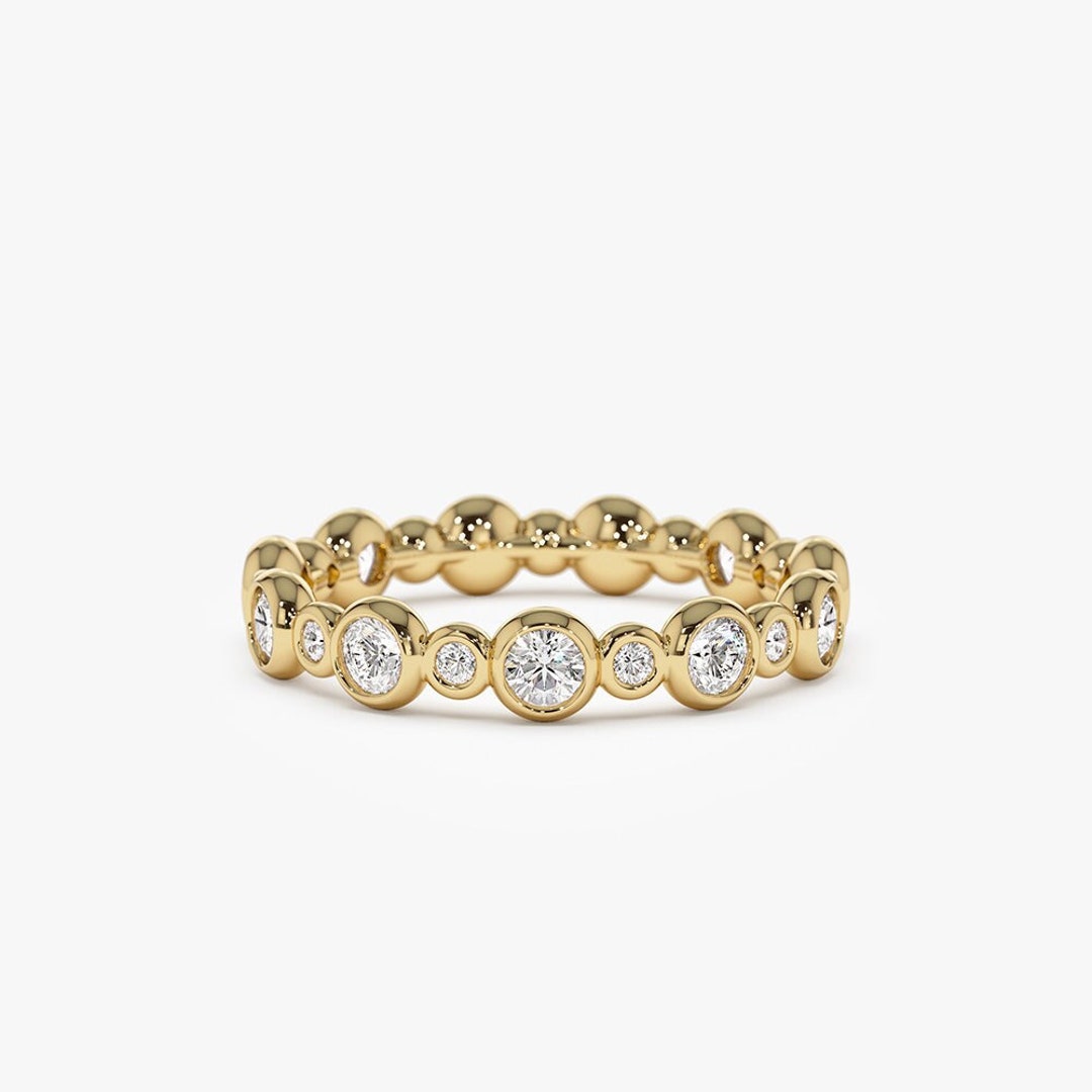 14k Solid Gold Half Eternity Diamond Wedding Ring - Bezel Set Natural ...