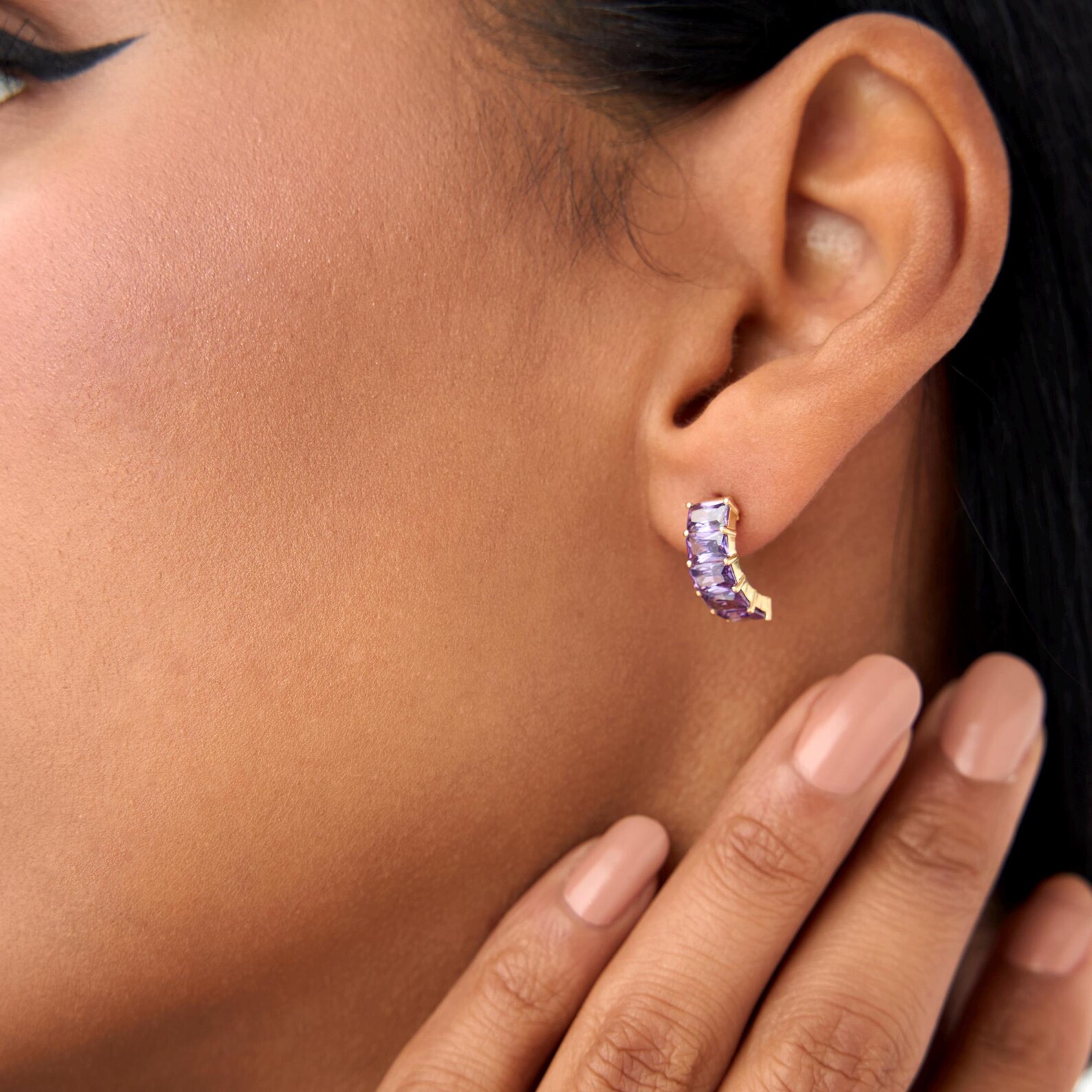 Emerald Cut Amethyst Half Hoop Earrings, 14K Solid Gold 2.80 Ctw ...