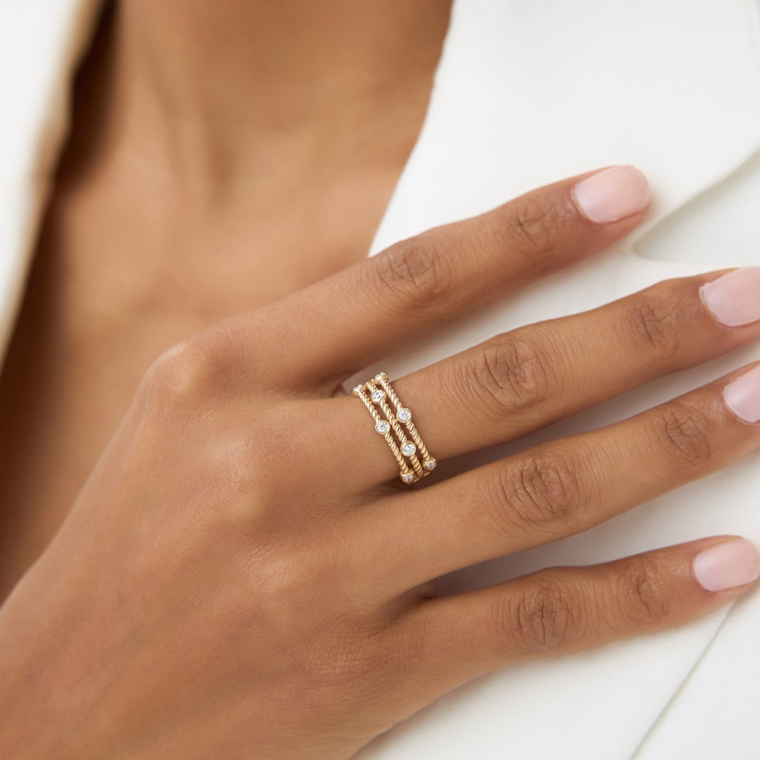 Statement Diamond Ring, 14k Gold Twisted Rope Triple Band Unique Diamond Ring, Braided Diamond ...