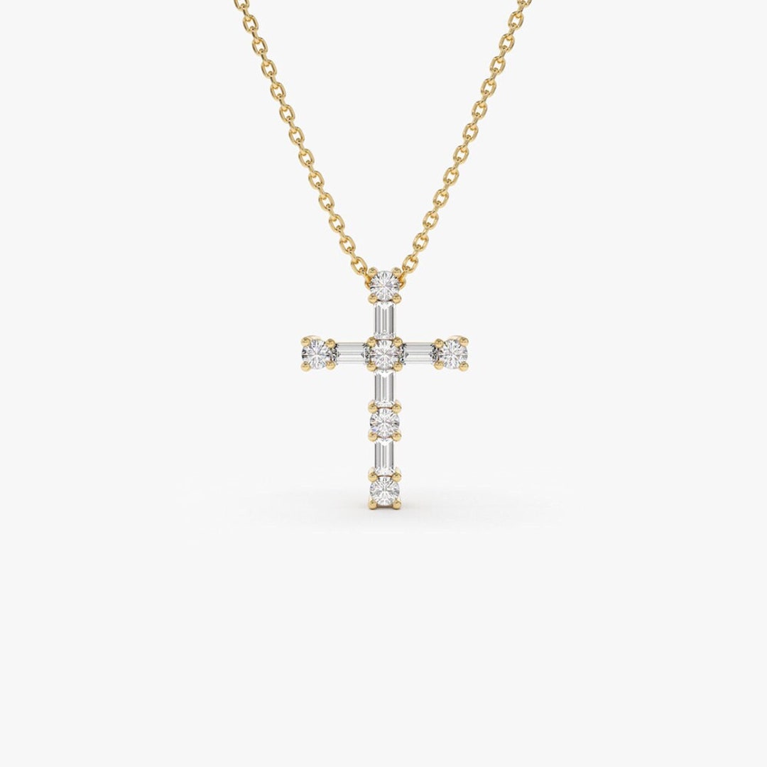 Diamond Cross Necklace / 14k Gold Baguette and Round Diamond Necklace ...