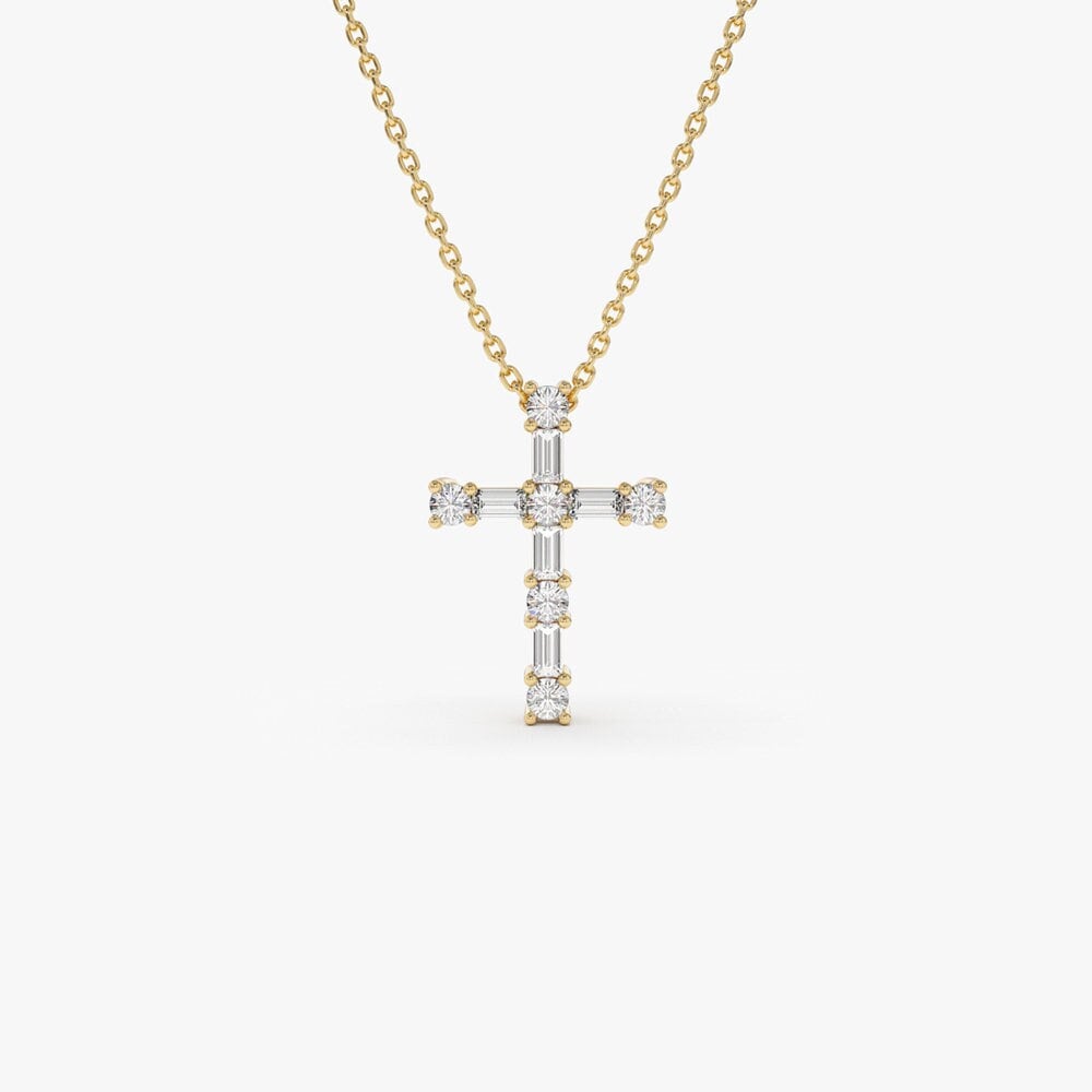 Diamond Cross Necklace / 14k Gold Baguette and Round Diamond Necklace ...