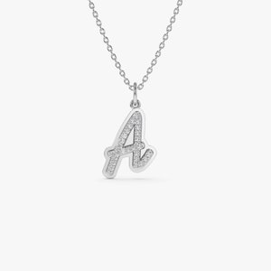 14K Solid Gold Script Font Diamond Initial Necklace, Double Layered 3D ...