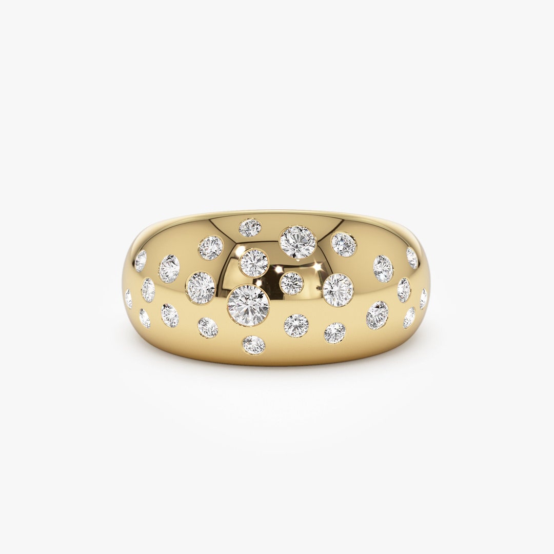 Diamond Ring, 14k Gold Flush Setting Cluster Dome Ring, 14K Gold Statement Cocktail Band ...