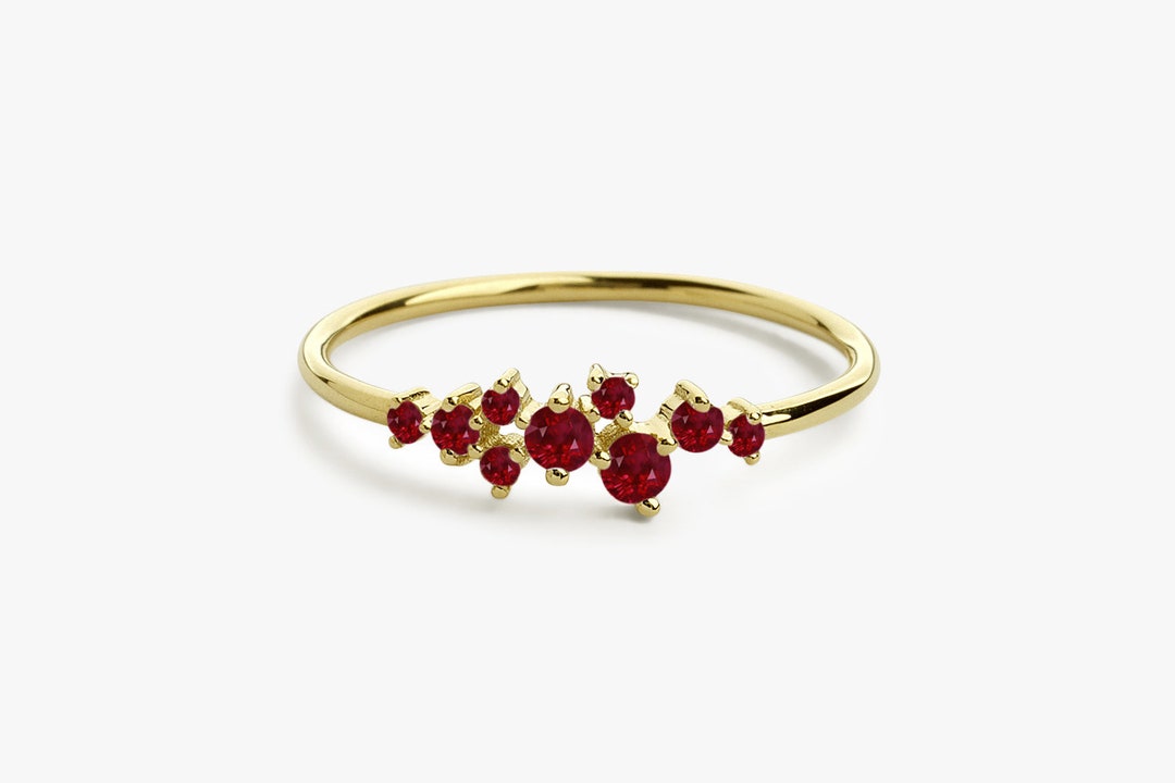 Dainty Ruby Ring / 14k Gold Ruby Cluster Ring / Genuine Ruby Ring ...