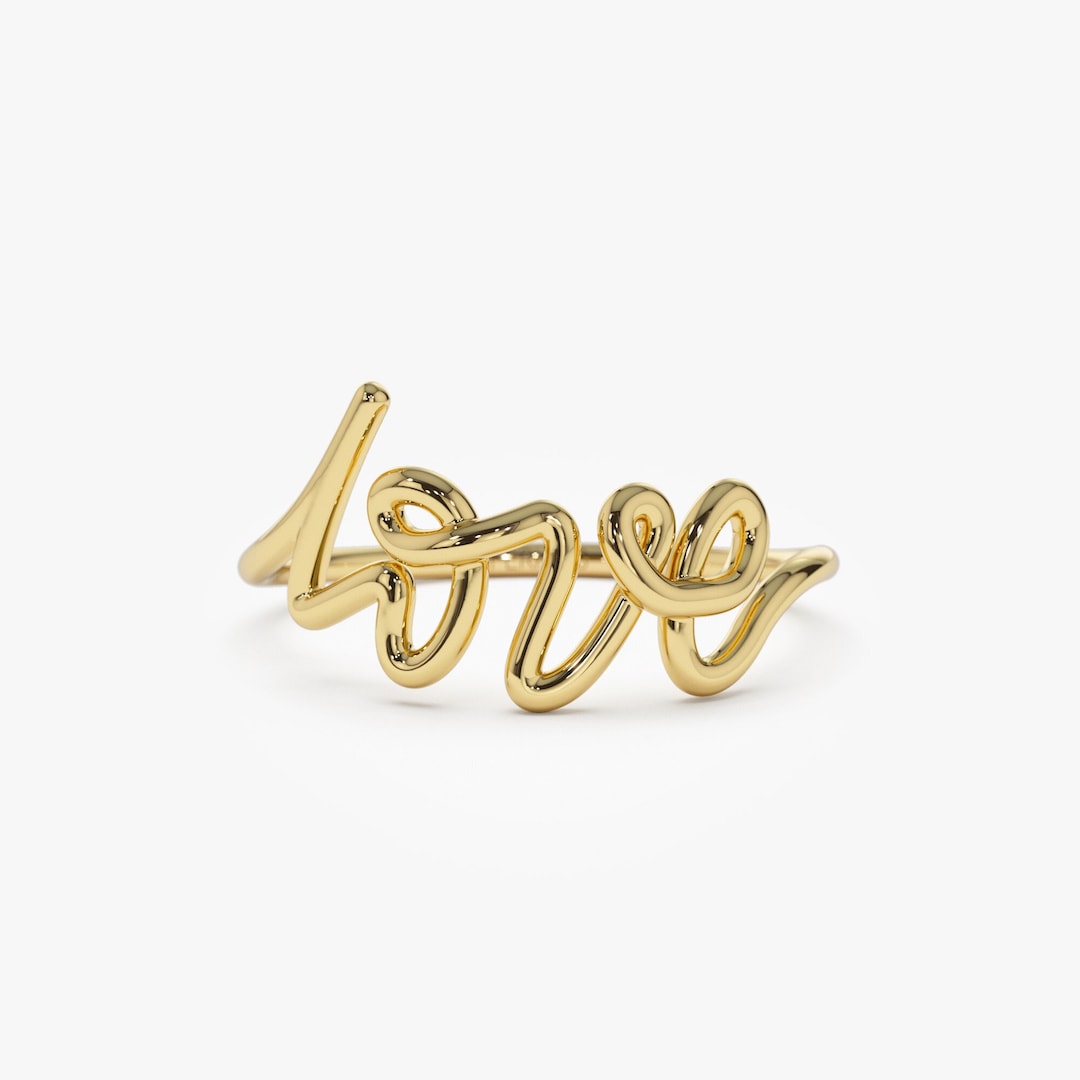 Script Love Ring, 14K Solid Gold Stackable Ring, Minimalist Statement ...