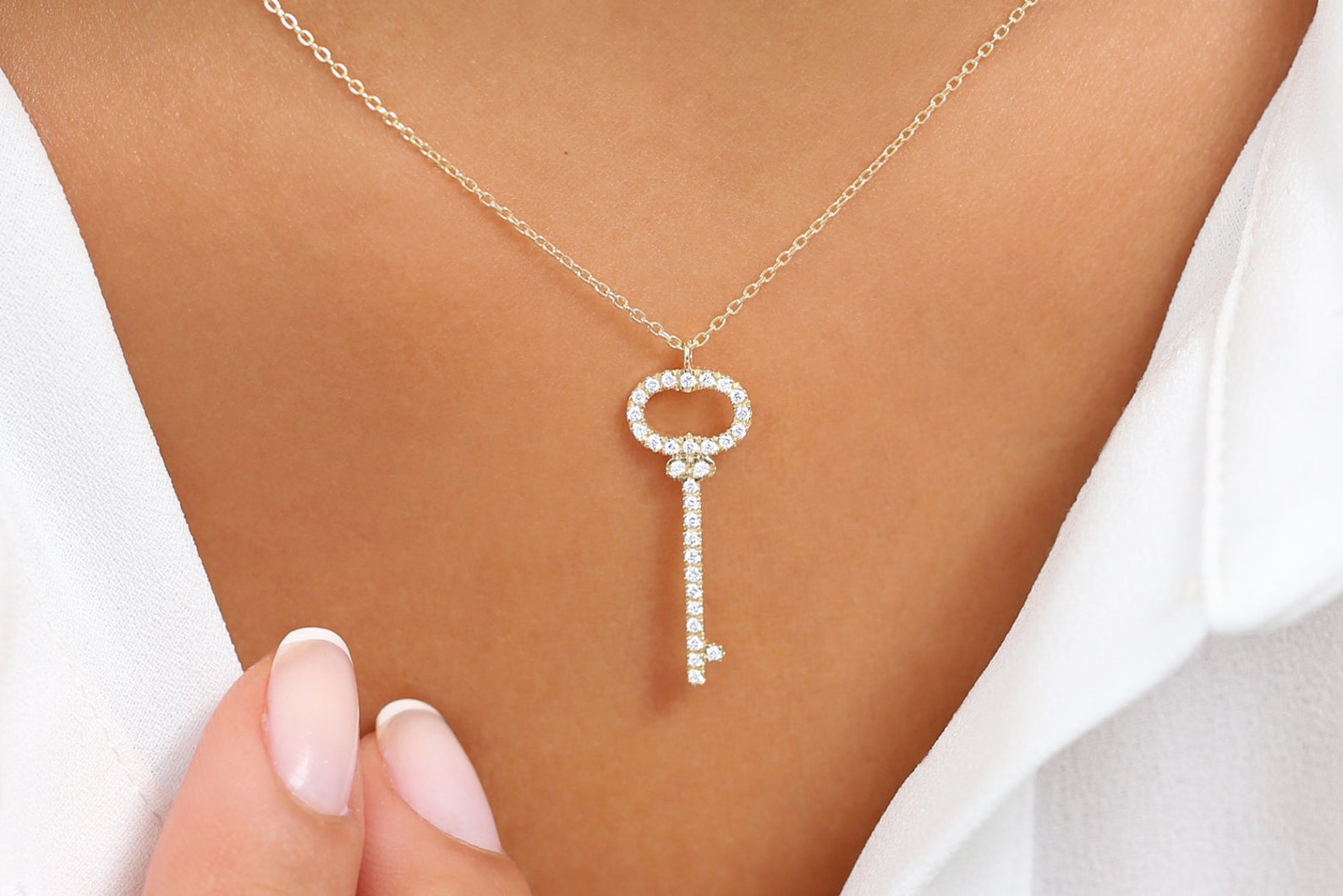 Key Necklace / Diamond Key Pendant / Diamond Necklace / Dainty Key ...