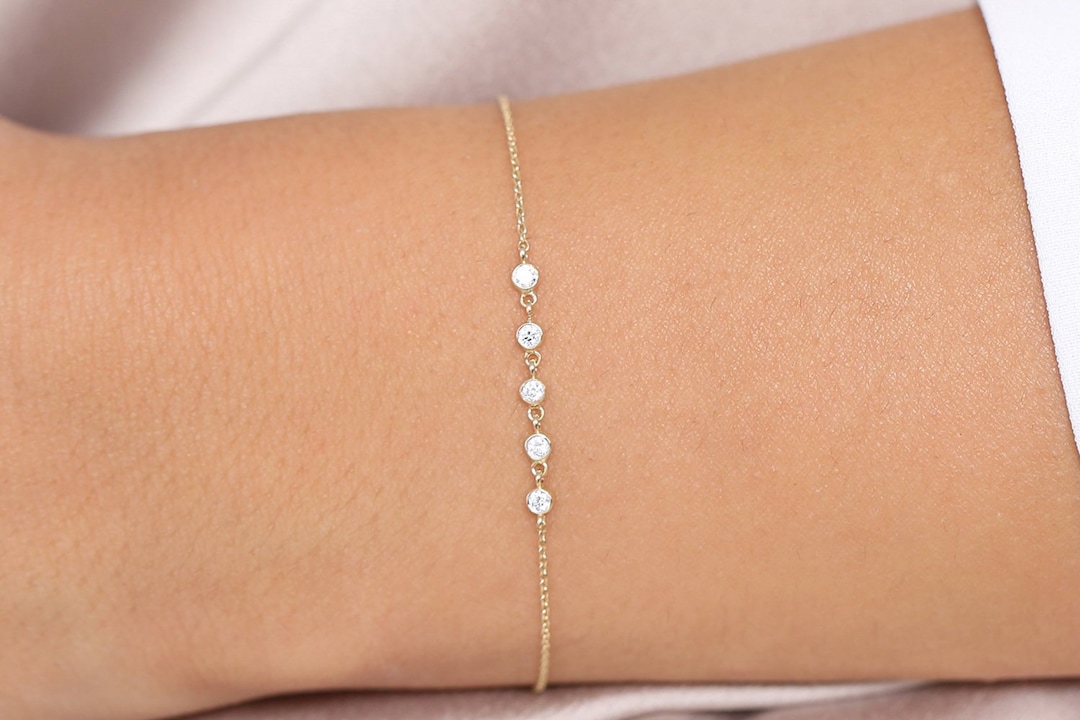 Diamond Bracelet / 14k 5 Link Floating Diamonds Bracelet / Delicate ...