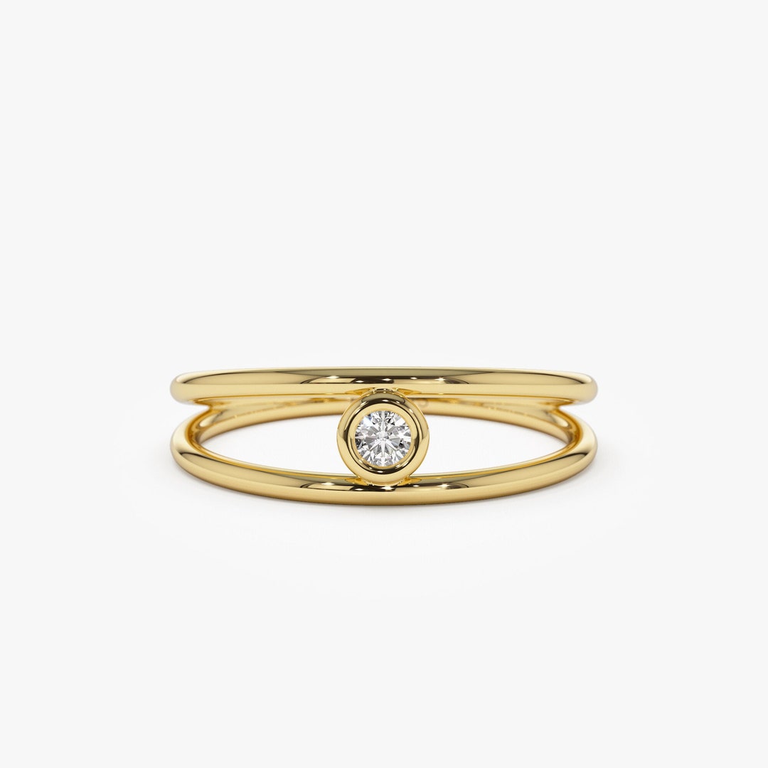 14k Gold Double Band Bezel Setting Diamond Solitaire Ring / Dual Band ...