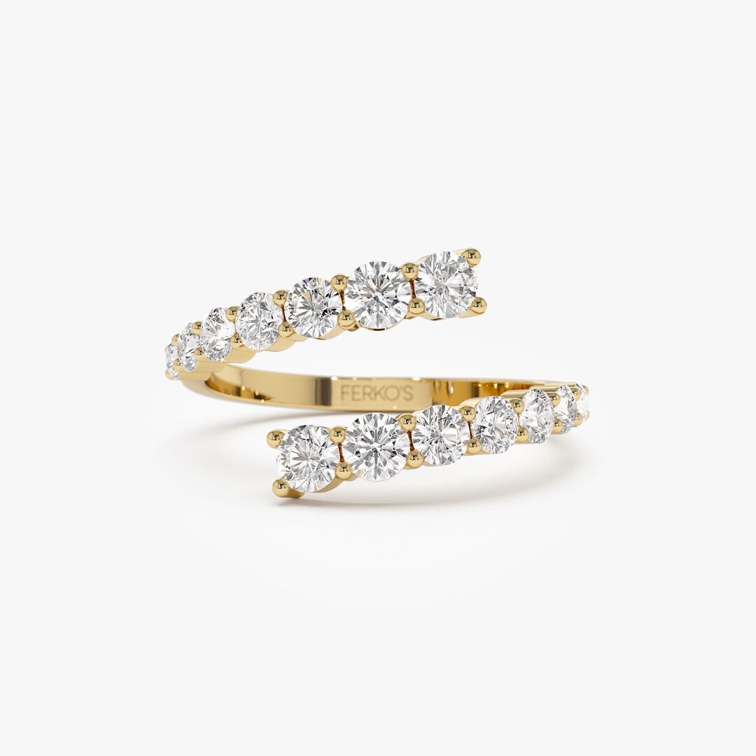 14K Round Diamond Cuff Ring, Graduating Diamond Ring, Gold Open Cuff ...
