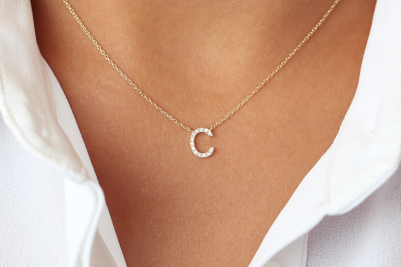 14k Gold Diamond Initial Necklace / Diamond Letter Necklace / - Etsy