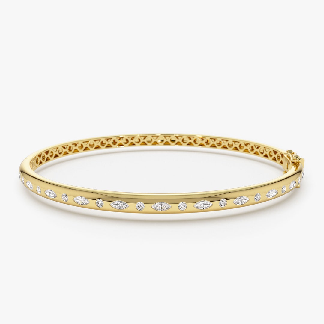 Diamond Bangle Bracelet, 14k Gold Flush Setting Marquise Shaped and ...