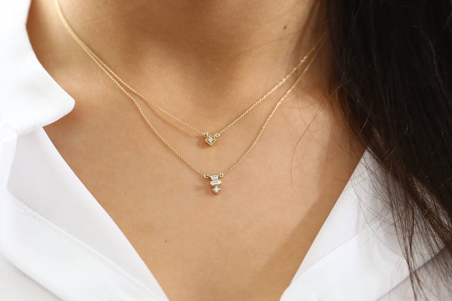 Baguette Diamond Necklace/ 14k Gold Baguette and Round Cut Diamond ...