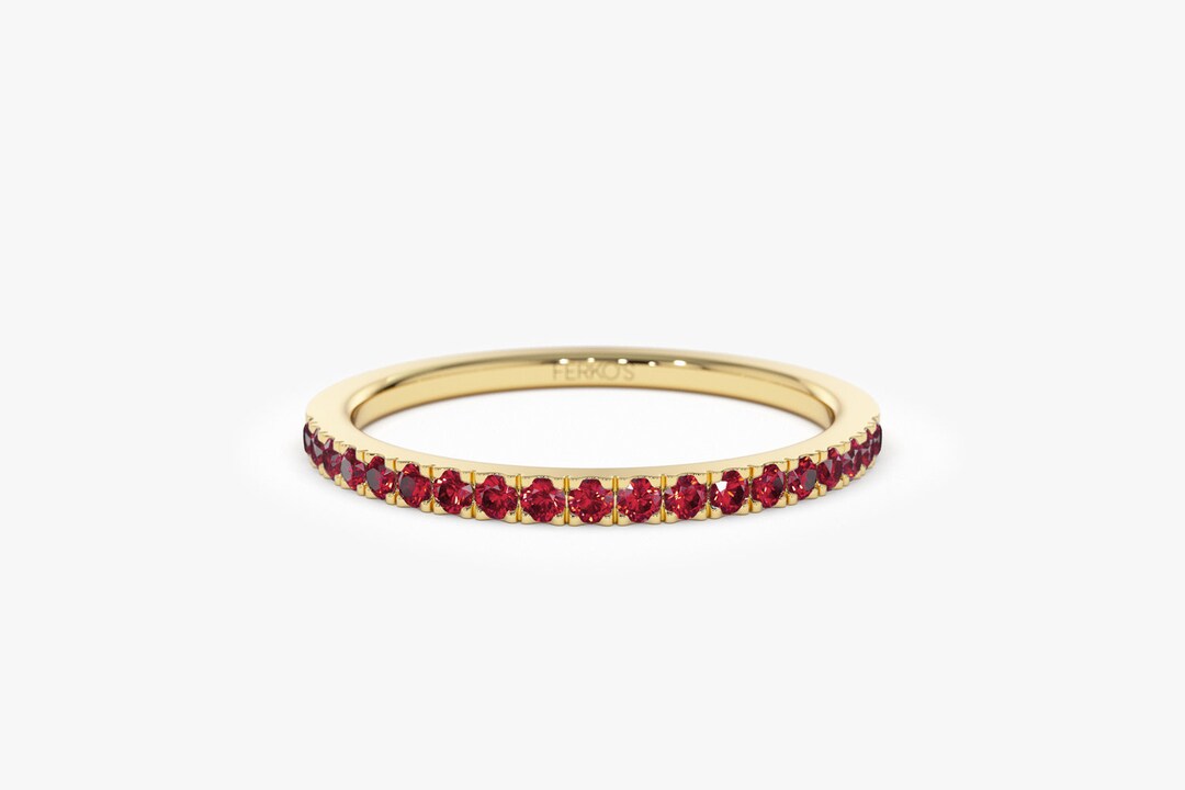 14k Solid Gold Ruby Ring / Half Eternity Ruby Ring Micro Pave Set ...