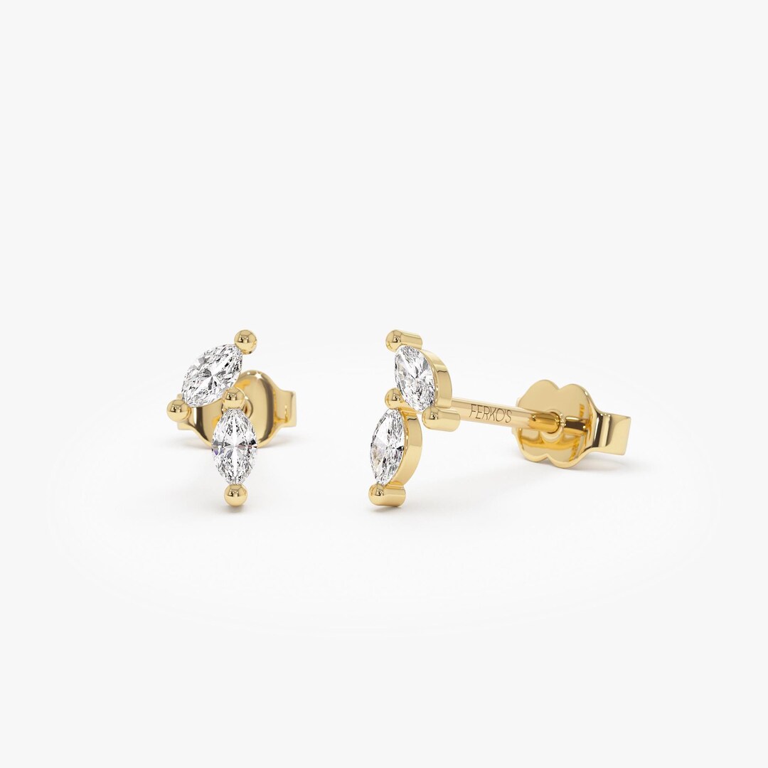 Marquise Diamond Stud Earrings, 14K Solid Gold Dainty Double Marquise ...