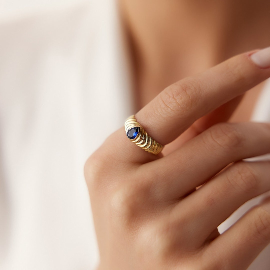 Sapphire Ring / 14k Gold Pear Shaped Sapphire Beveled Ring for Women ...