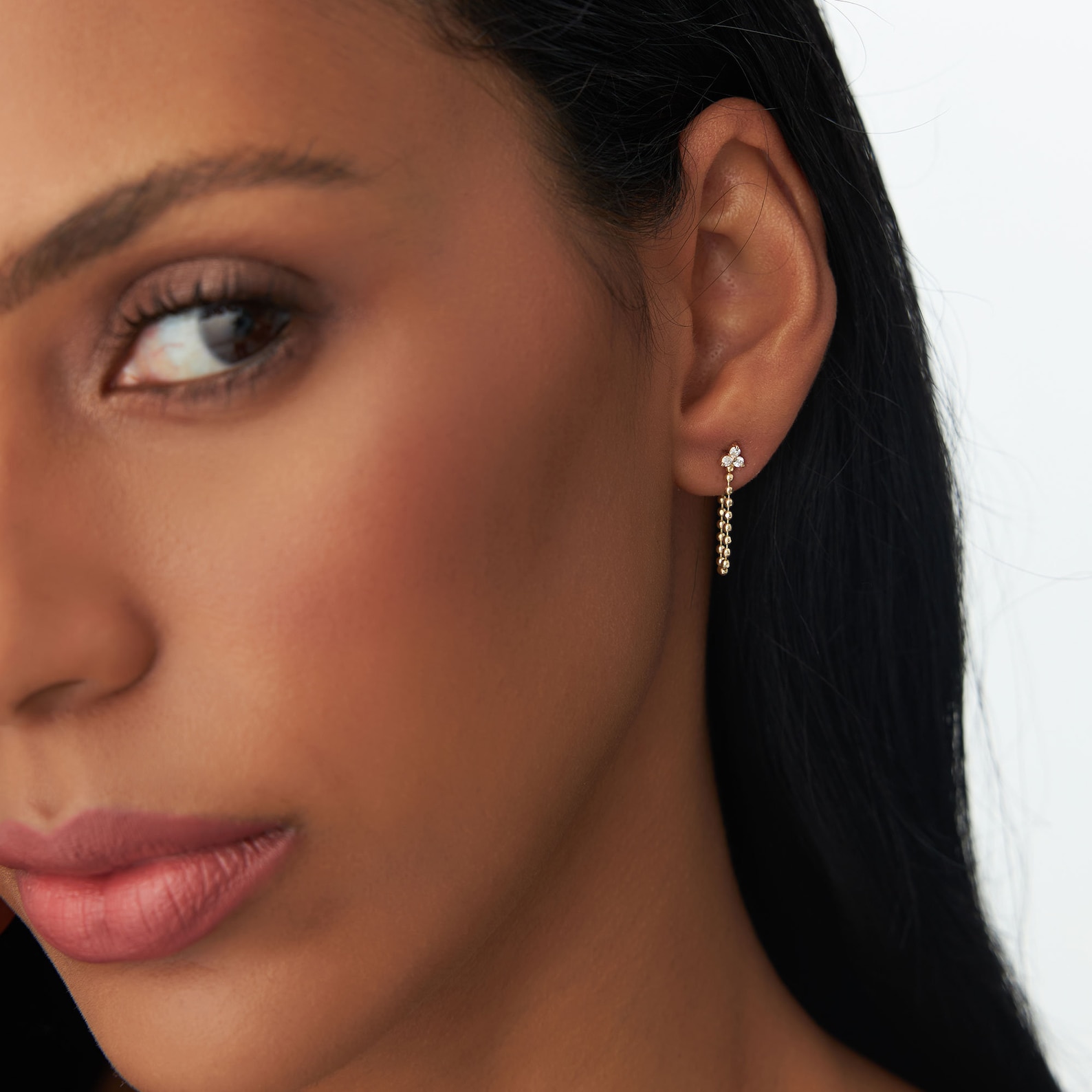 14K Trio Diamond Earring, Gold Beaded Chain Earring Studs, Minimalist ...