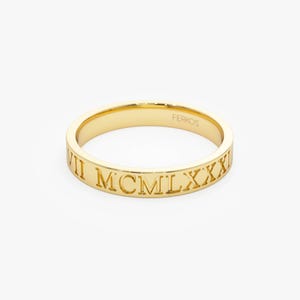Custom Roman Numeral Ring, 14k Solid Gold Engraved Roman Numeral Date ...