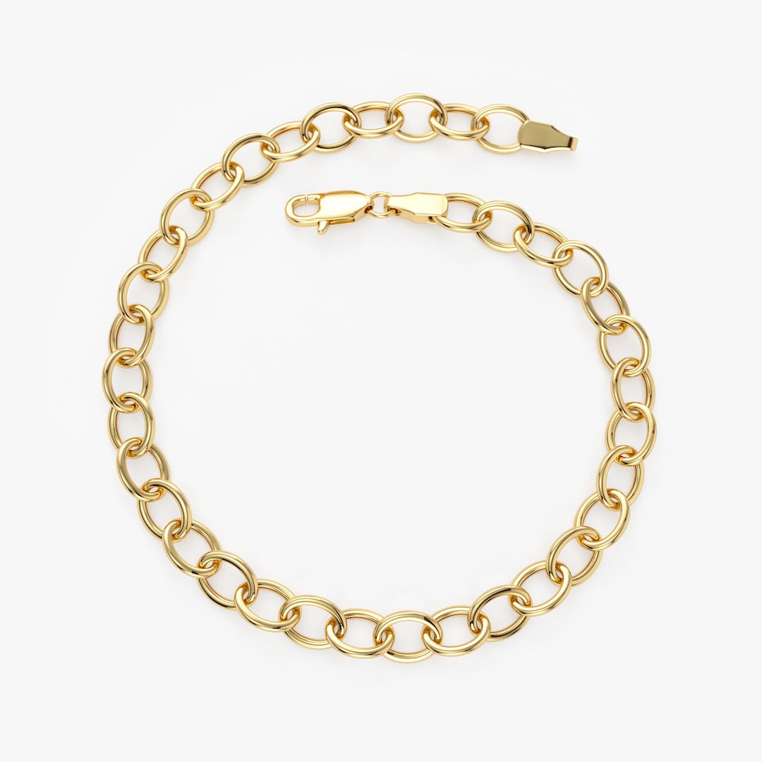 14K Yellow Gold Oval Cable Chain Bracelet , Layering Gold Bracelet ...