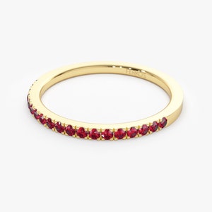 14k Solid Gold Ruby Ring / Half Eternity Ruby Ring Micro Pave Set / Stackable Natural Genuine ...
