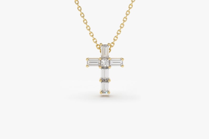Mini Diamond Cross Necklace / 14k Baguette Diamond Tiny Cross Necklace ...