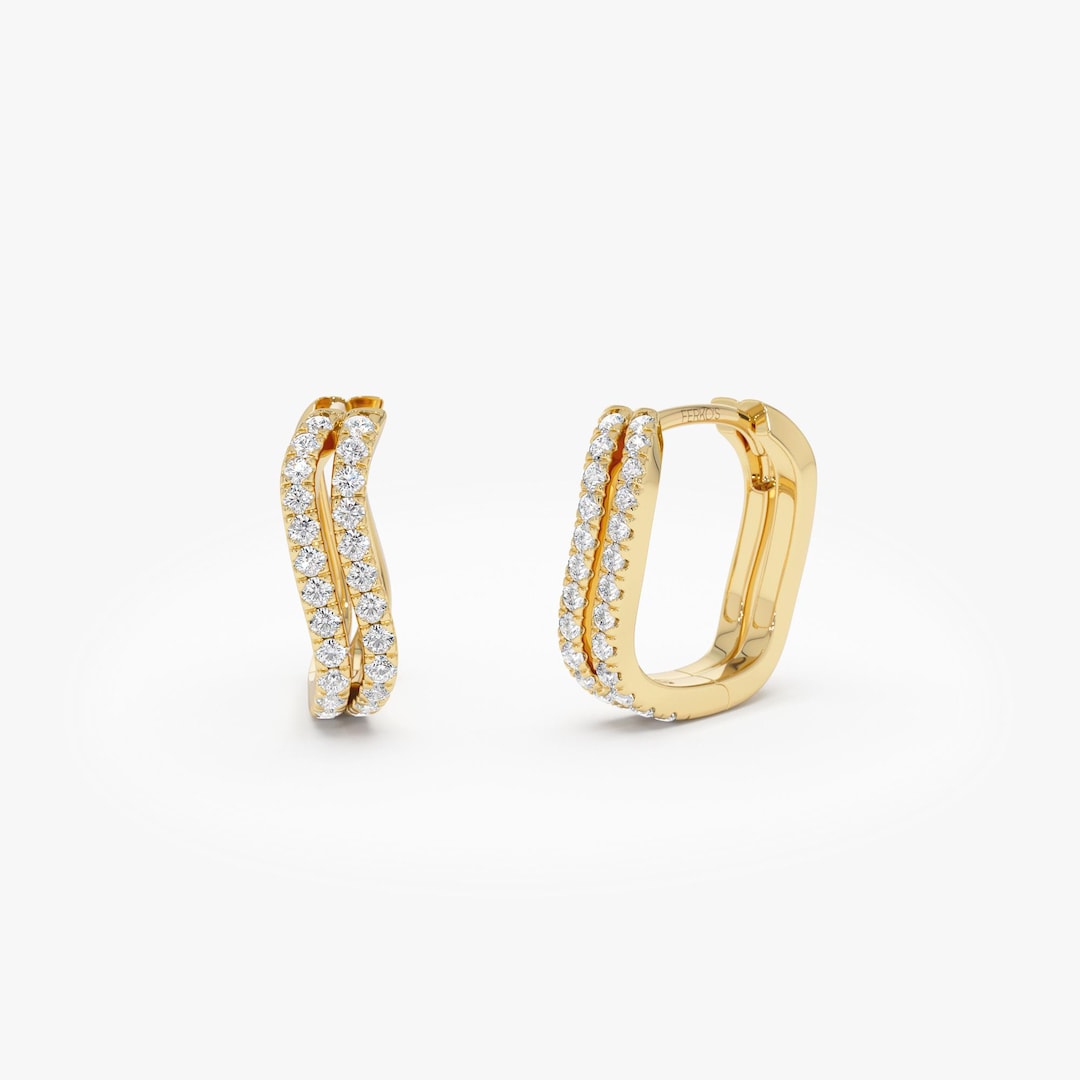 Wave Pavé Huggie Hoop Earrings, 14K Gold Natural Diamond Hoops, Fine ...