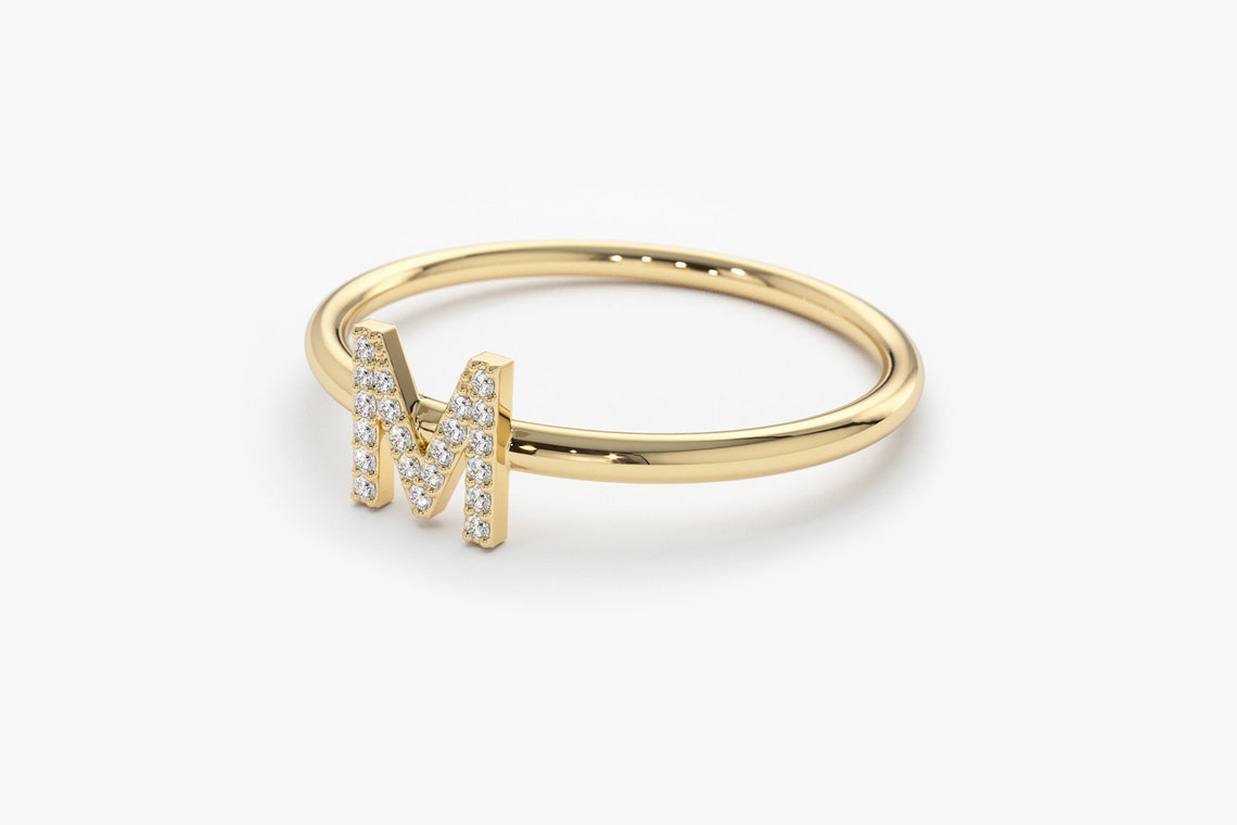 14k Gold Diamond Initial Ring / Diamond Initial Ring / - Etsy