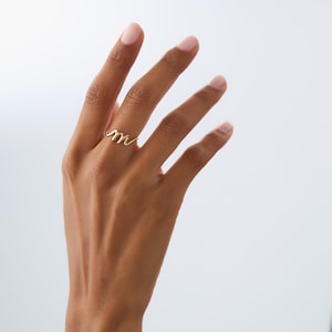 14K Solid Gold Script Initial Ring, Minimalist Wire Handwriting Ring ...