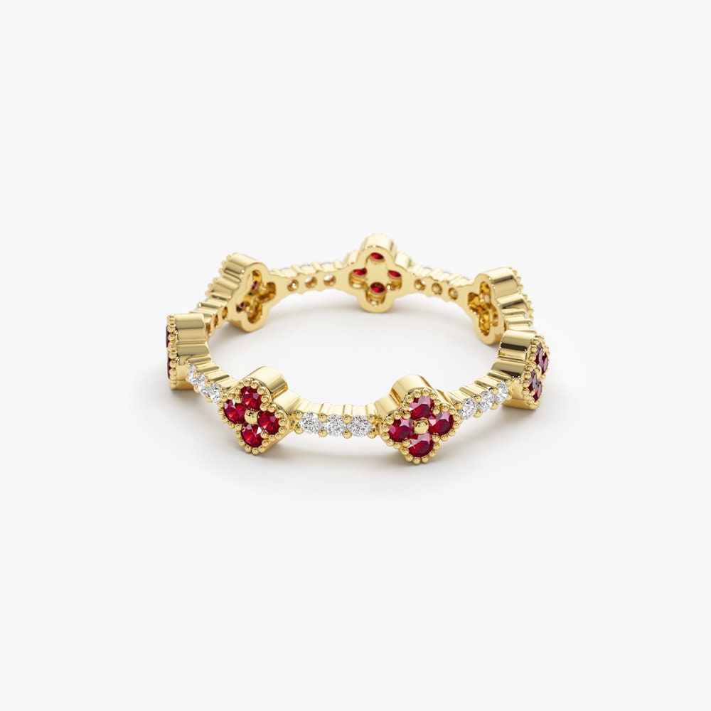 Clover Ring / Full Eternity Ruby and Diamond Ring in 14k Gold - Etsy
