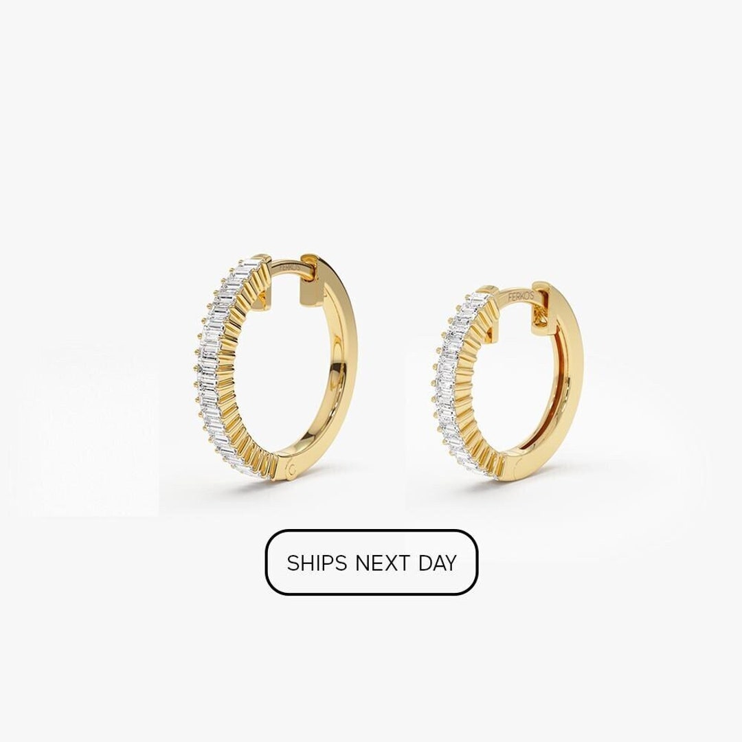 Diamond Huggies, 14k Baguette Diamond Hoop Earrings, Dainty Minimal ...