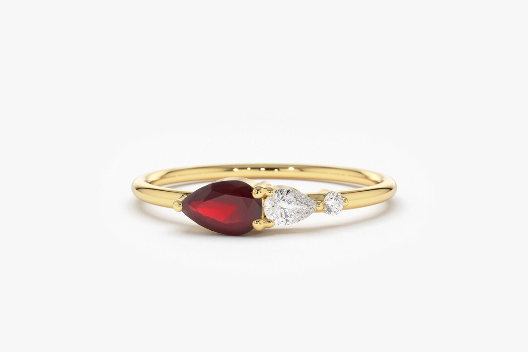 Ruby Ring / 14k Gold Pear Shape Natural Ruby With Pear Shape Diamond ...