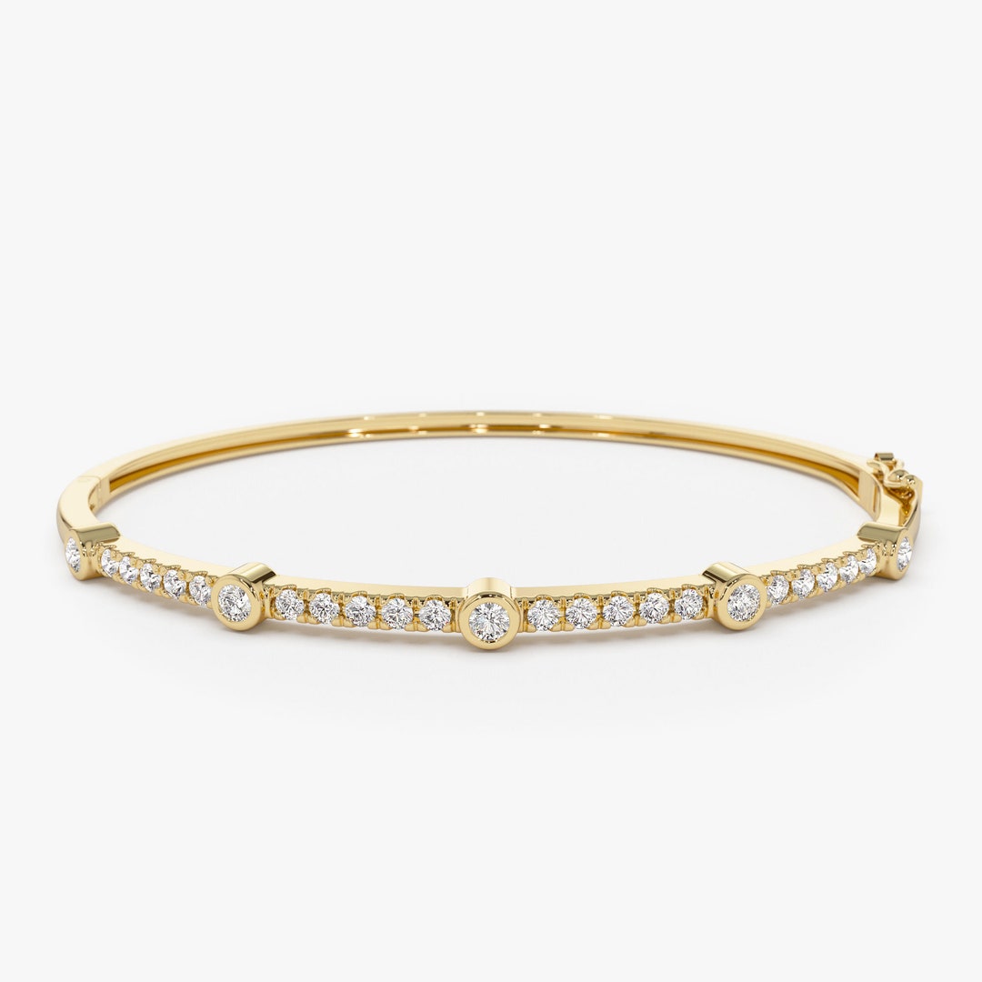 14k Solid Gold Bangle Bracelet for Women, Round Diamond Bracelet Bangle ...