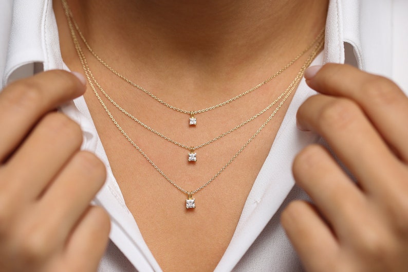 Princess Cut Diamond Necklace / 14k Solid Gold Diamond - Etsy