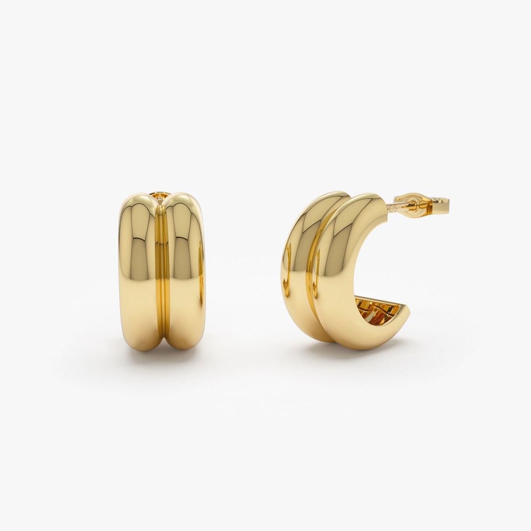 14k Gold Hoops, 14k Solid Gold Twin C Hoops, Double Gold Hoops, Unique ...