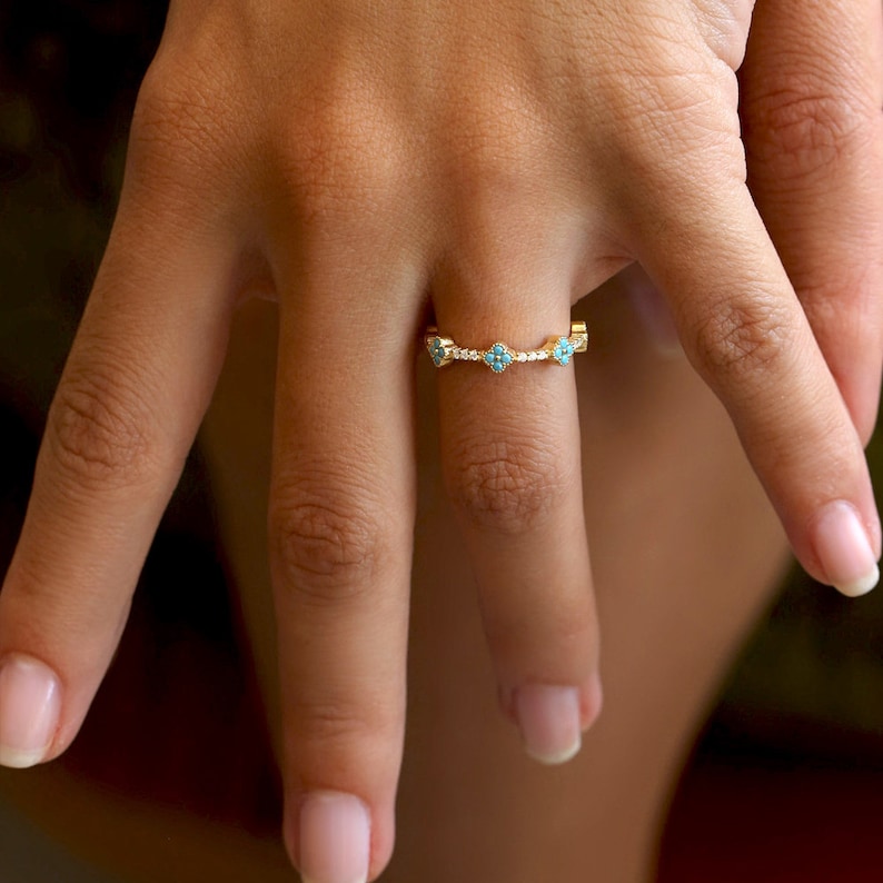 Full Eternity Turquoise and Diamond Clover Ring 14k Gold / - Etsy