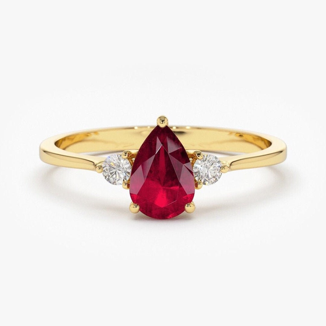 Ruby and Diamond Engagement Ring, 14k Solid Gold 0.40 Ctw Pair Shape Natural Ruby Promise Ring ...