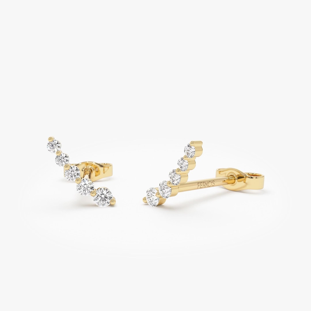 Diamond Ear Crawler Earrings, 14K Solid Gold Ear Climber Studs, Dainty ...