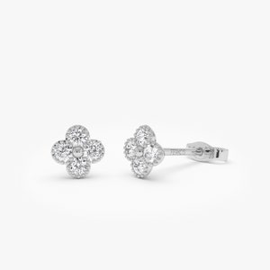 Diamond Clover Studs, 14K Solid Gold Flower Clover Stud Earrings, Dainty Diamond Studs ...