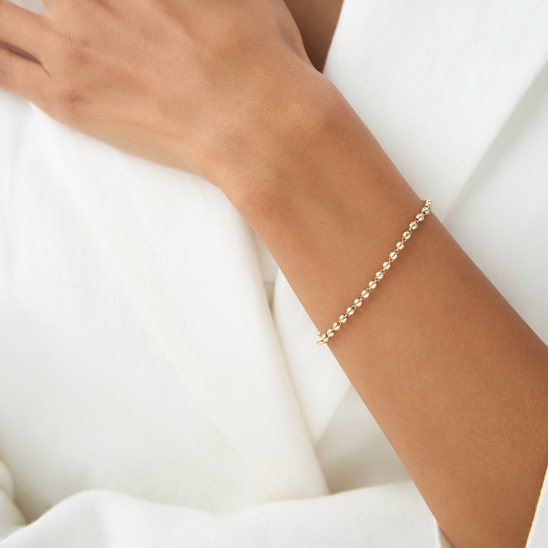 Bead Bracelet 3MM 14k Gold, Bead Bracelet Stack, Layering Gold Chain Ball Bracelet, Bold Gold ...
