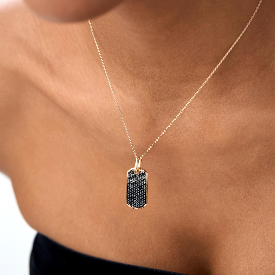 Black Diamond Dog Tag Necklace, 14k Gold Pave Black Diamond Pendant ...
