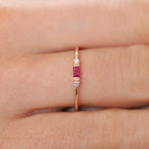 Ruby Ring / Baguette Ruby Ring / 14k Rose Gold Minimalist Ruby Ring / Stacking Three-stone Round ...