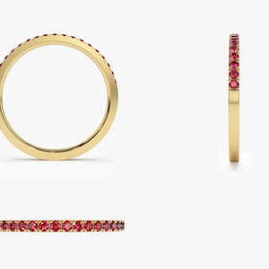 14k Solid Gold Ruby Ring / Half Eternity Ruby Ring Micro Pave Set / Stackable Natural Genuine ...