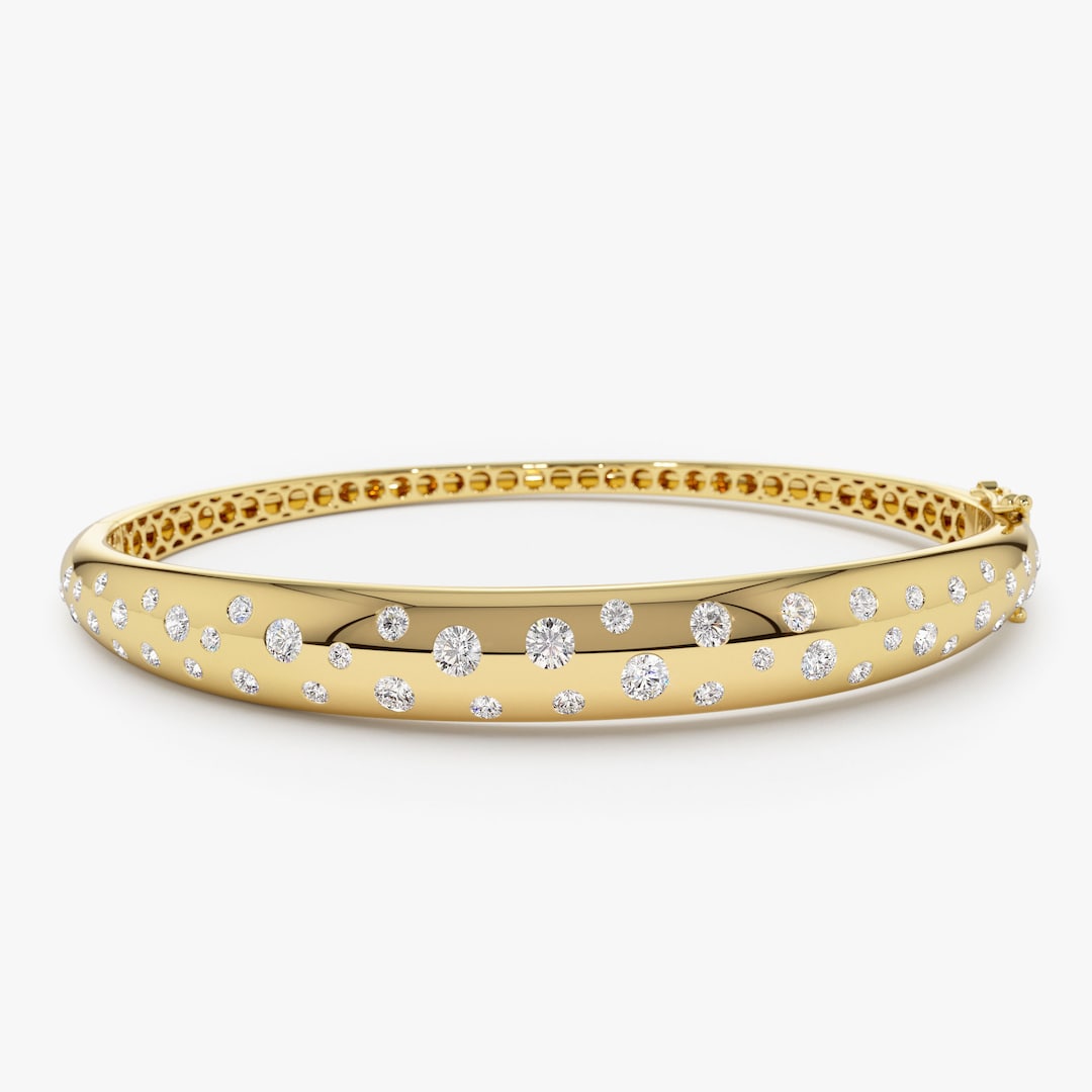 Statement Diamond Bangle Bracelet, 14k Gold Flush Setting Diamond ...