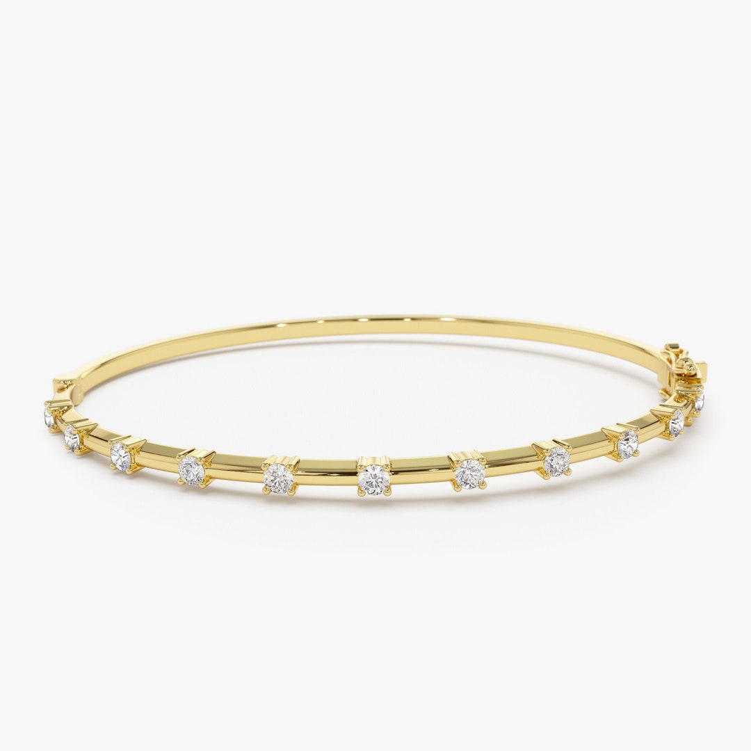 Diamond and Gold Bar Bangle, 0.50ct Diamond Bracelet Bangle, 14K Gold ...