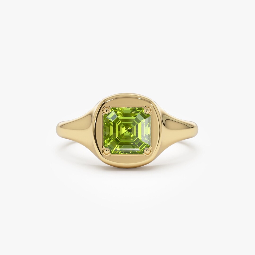 Asscher Cut Peridot Signet Ring, 14K Solid Gold 1.20 Ctw 6MM Octagon ...