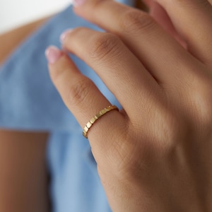 14K Gold Geometric Stackable Ring, Thin Gold Square Ribbed Stacking ...