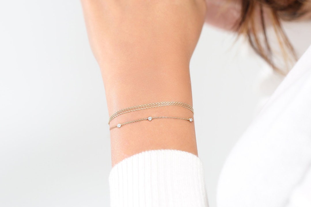 14k Solid Gold Bracelet / Triple Strand Gold Bracelet / Delicate Rolo ...