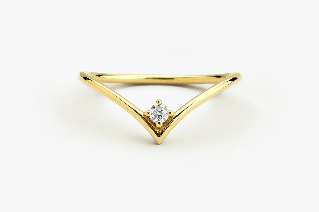 V Ring With Round Diamond in 14k Gold / Diamond V Ring / Chevron Ring ...