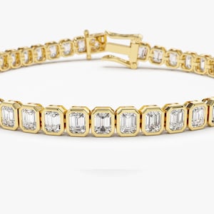 Tennis Bracelet / 14k Gold Bezel Setting Emerald Cut Natural Diamond Tennis Bracelet / Bridal ...
