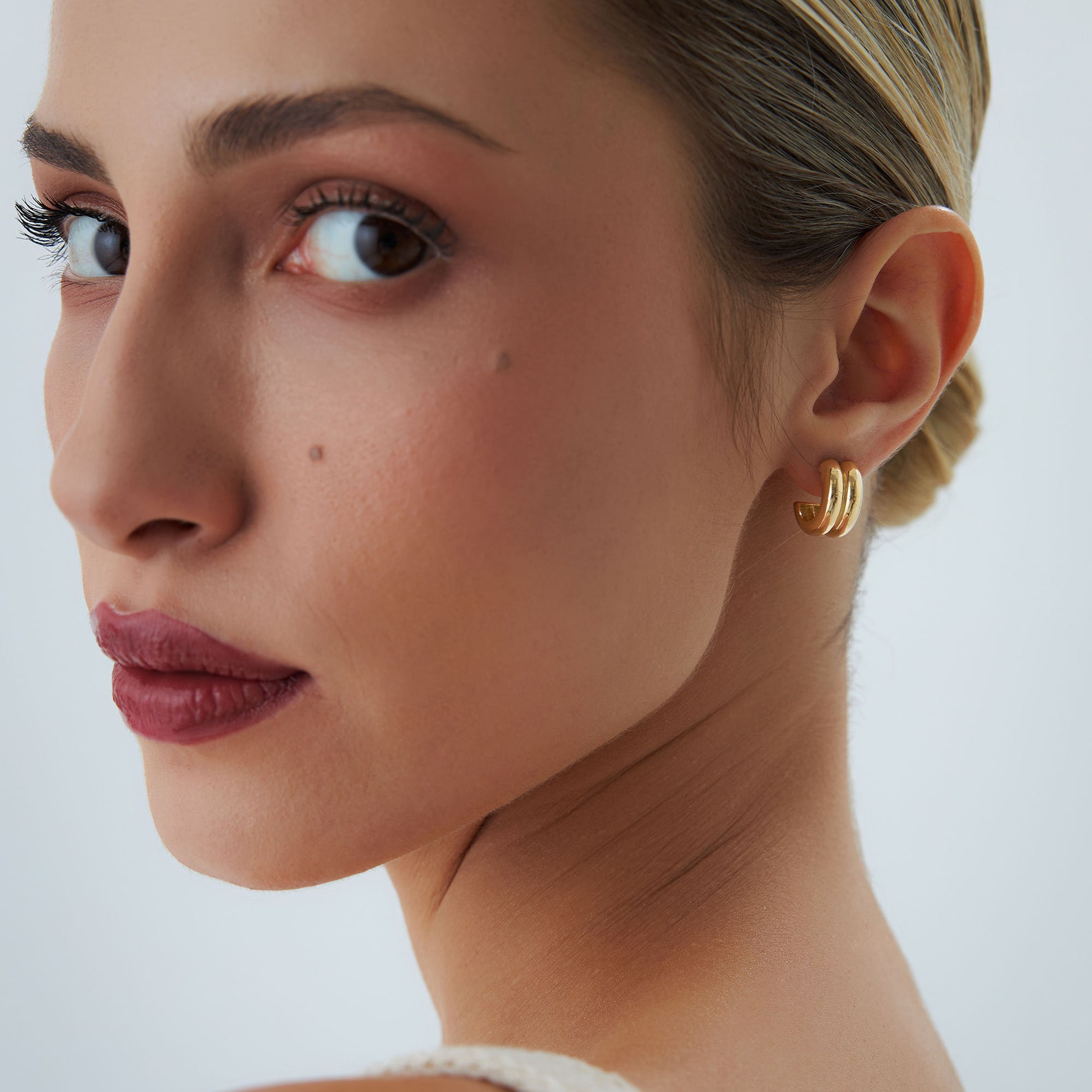 14k Gold Hoops, 14k Solid Gold Twin C Hoops, Double Gold Hoops, Unique ...