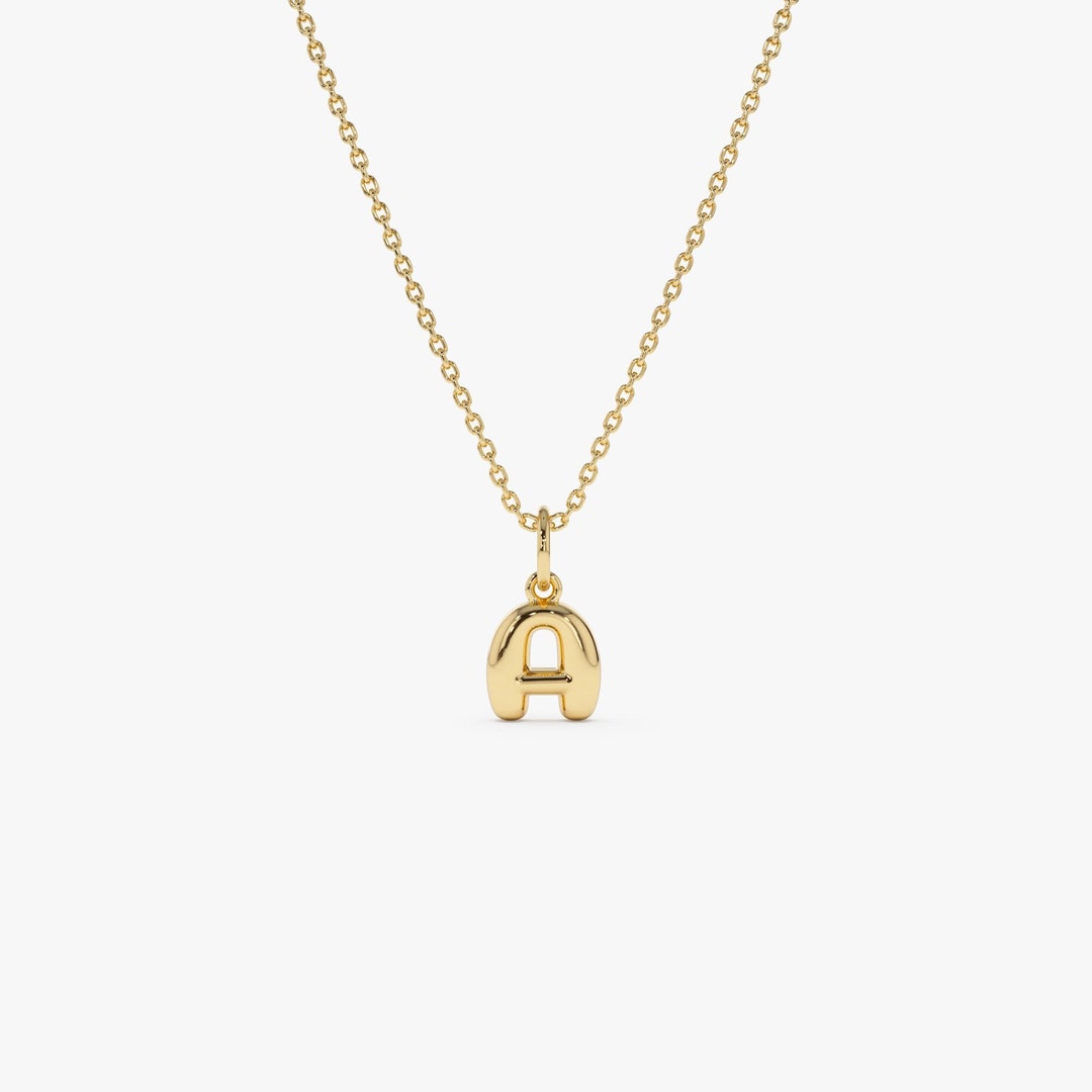 Bubble Initial Necklace, 14K Solid Gold Balloon Initial Letter Pendant ...